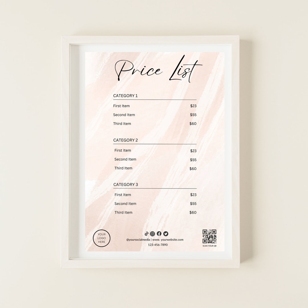 Price List Sign | Printable Sign | Editable Price List Sign Template ...