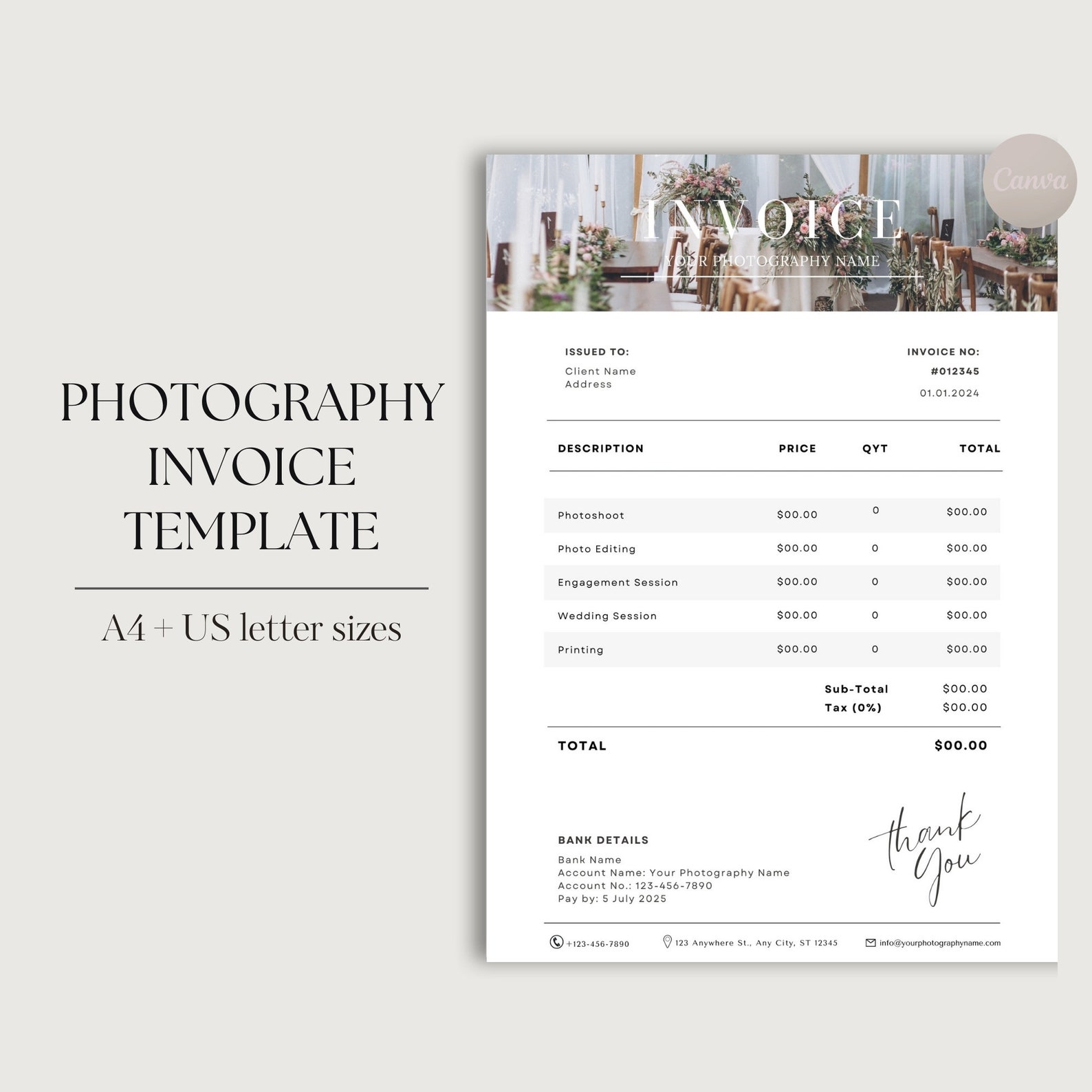 Photography Invoice Template Canva, Wedding Invoice Photography ...