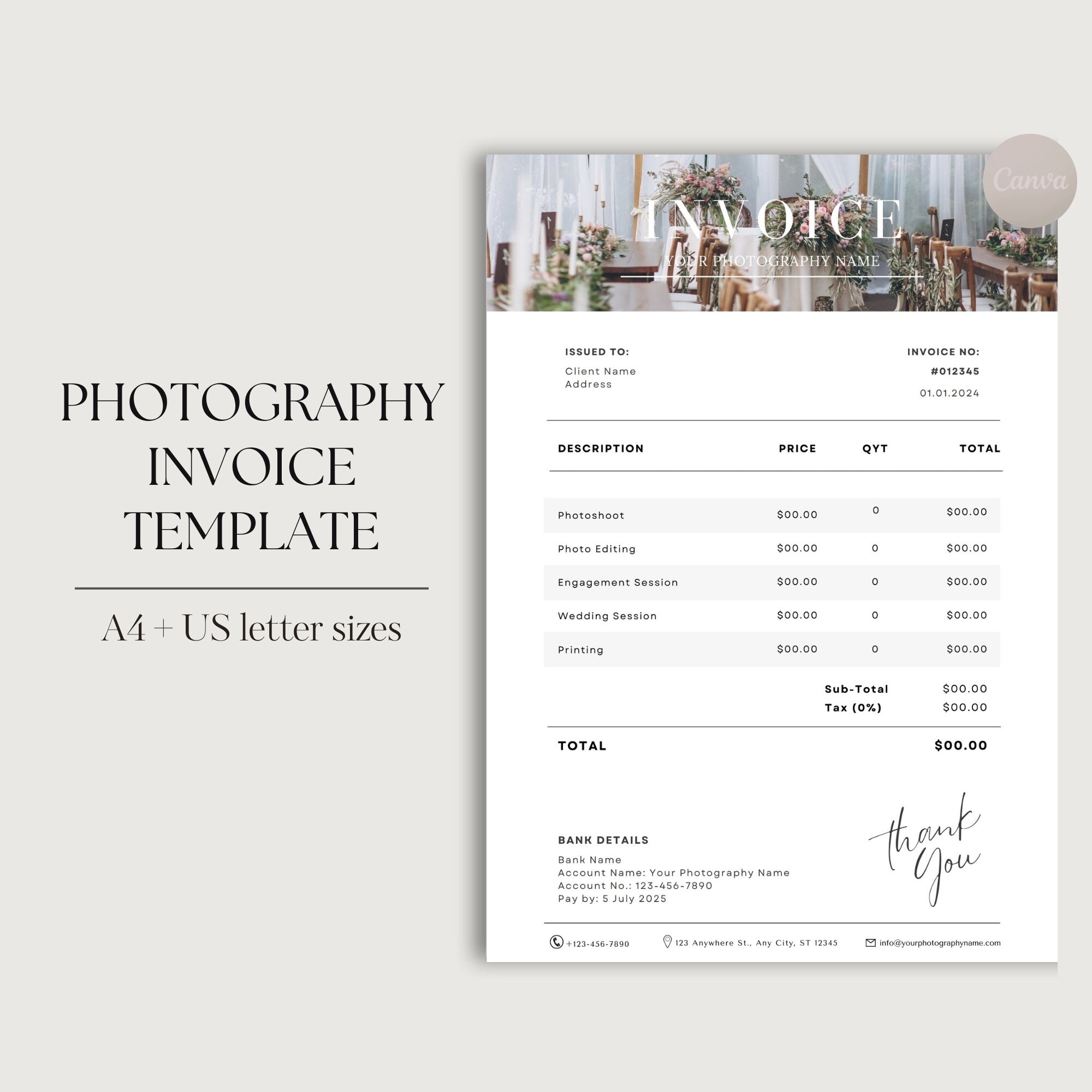 Photography Invoice Template Canva, Wedding Invoice Photography ...