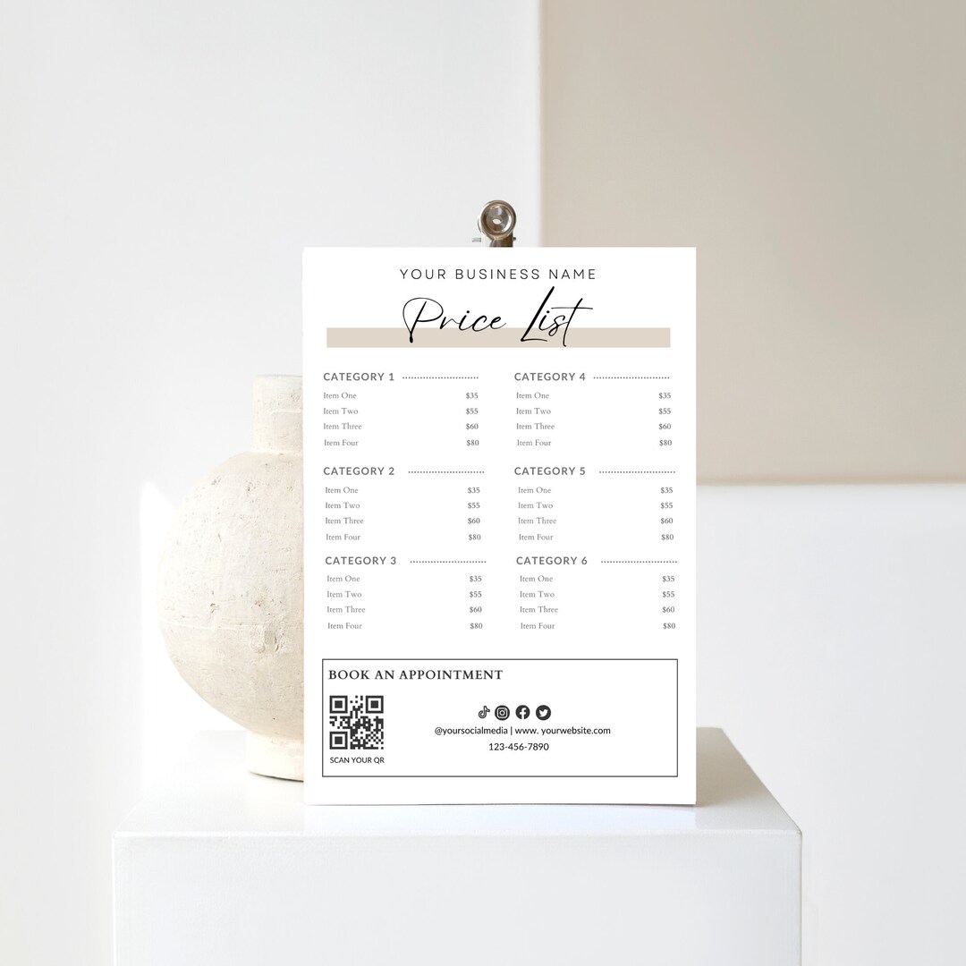 Price List Sign Template | Printable Pricing Guide | Editable Price ...