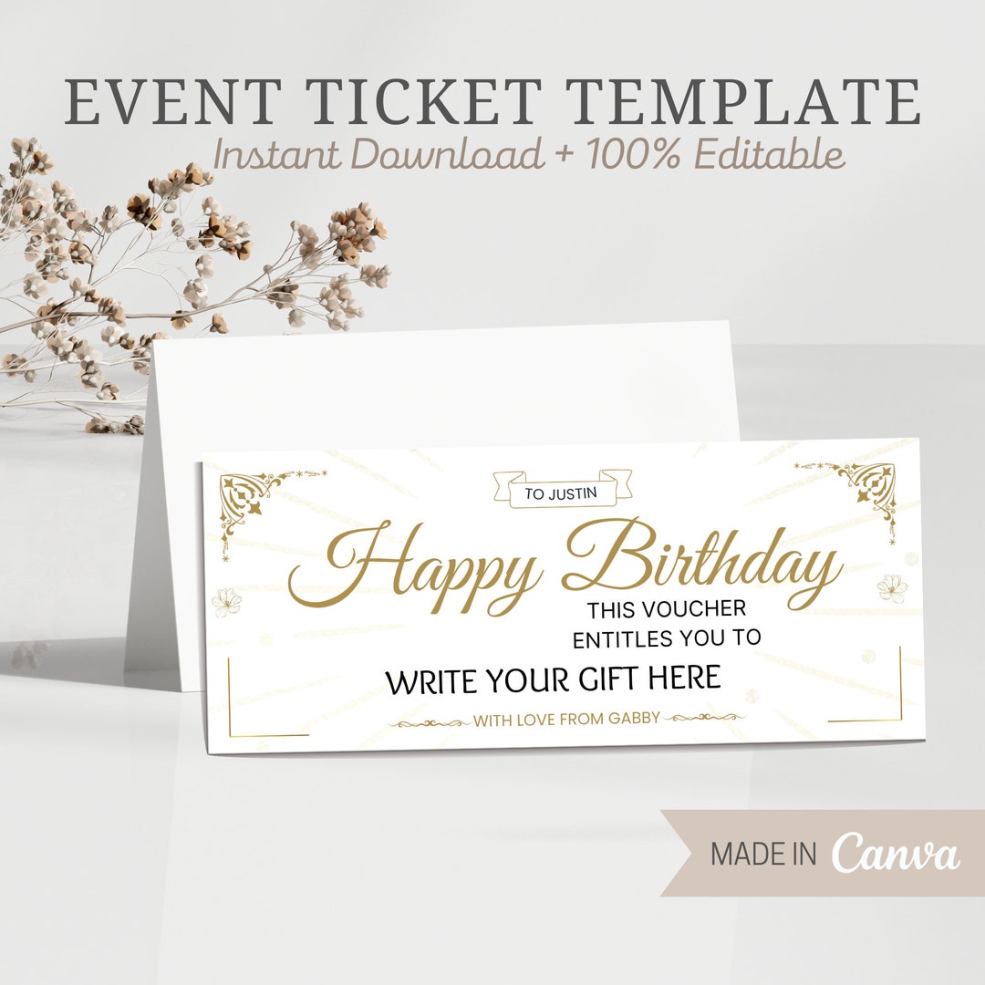 Editable Golden Event Ticket | Home Print Birthday Voucher | Surprise ...