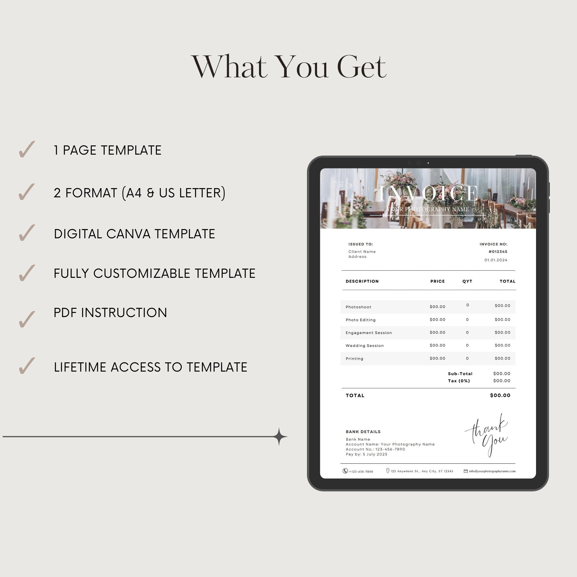 Photography Invoice Template Canva, Wedding Invoice Photography ...