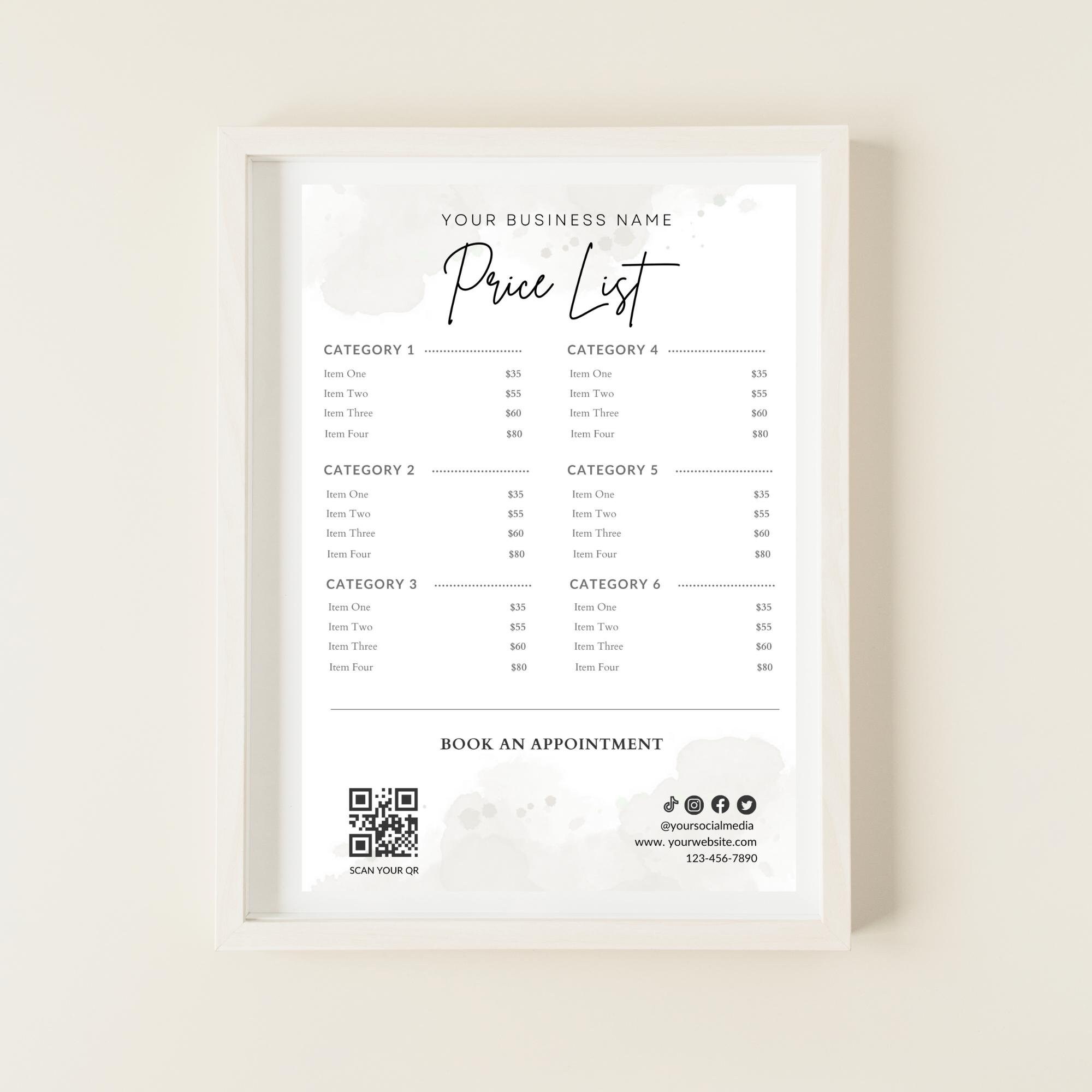 Price List Sign | Printable Pricing Guide | Editable Price List Sign ...