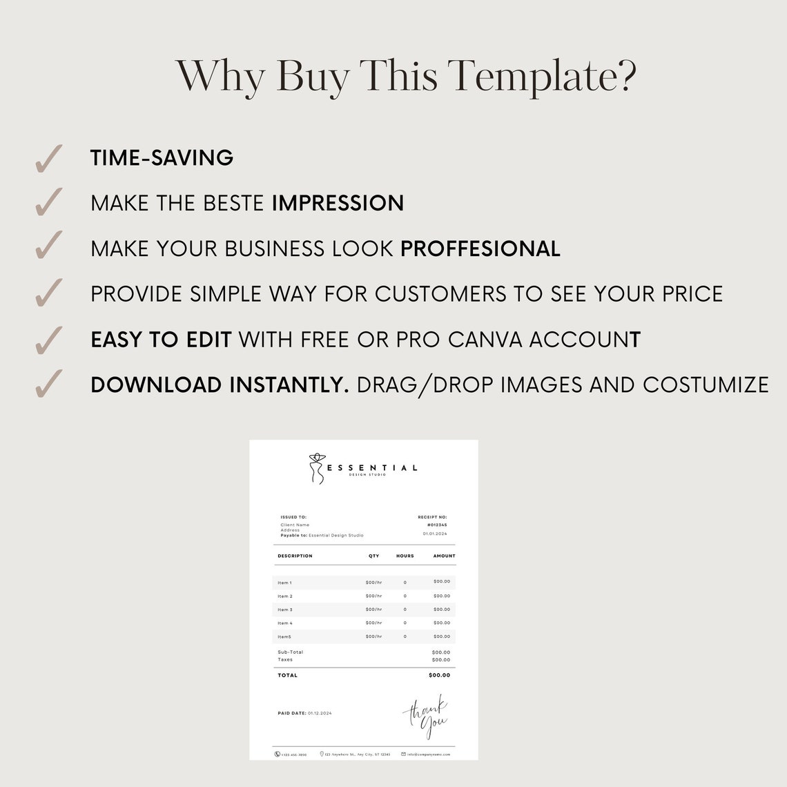 Minimal Receipt Template Canva | Printable Receipt for Small Business ...