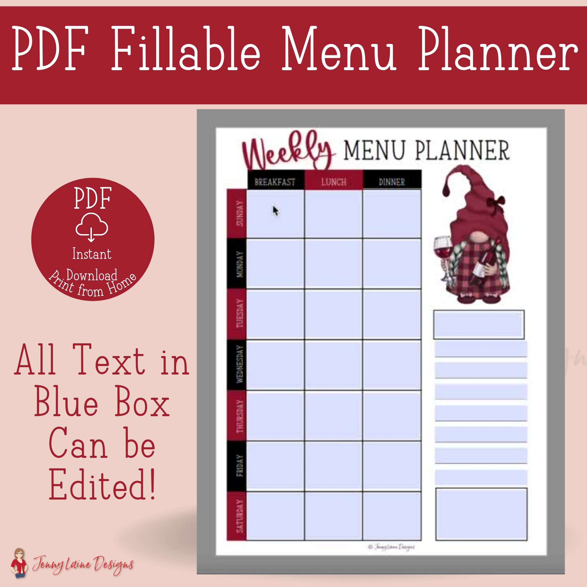 Editable Menu Planner Printable | Menu Planner PDF | Wine Gnome Instant ...