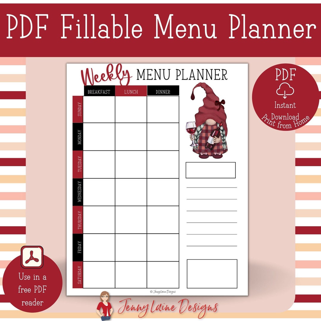 Editable Menu Planner Printable Menu Planner PDF Wine Gnome Instant ...