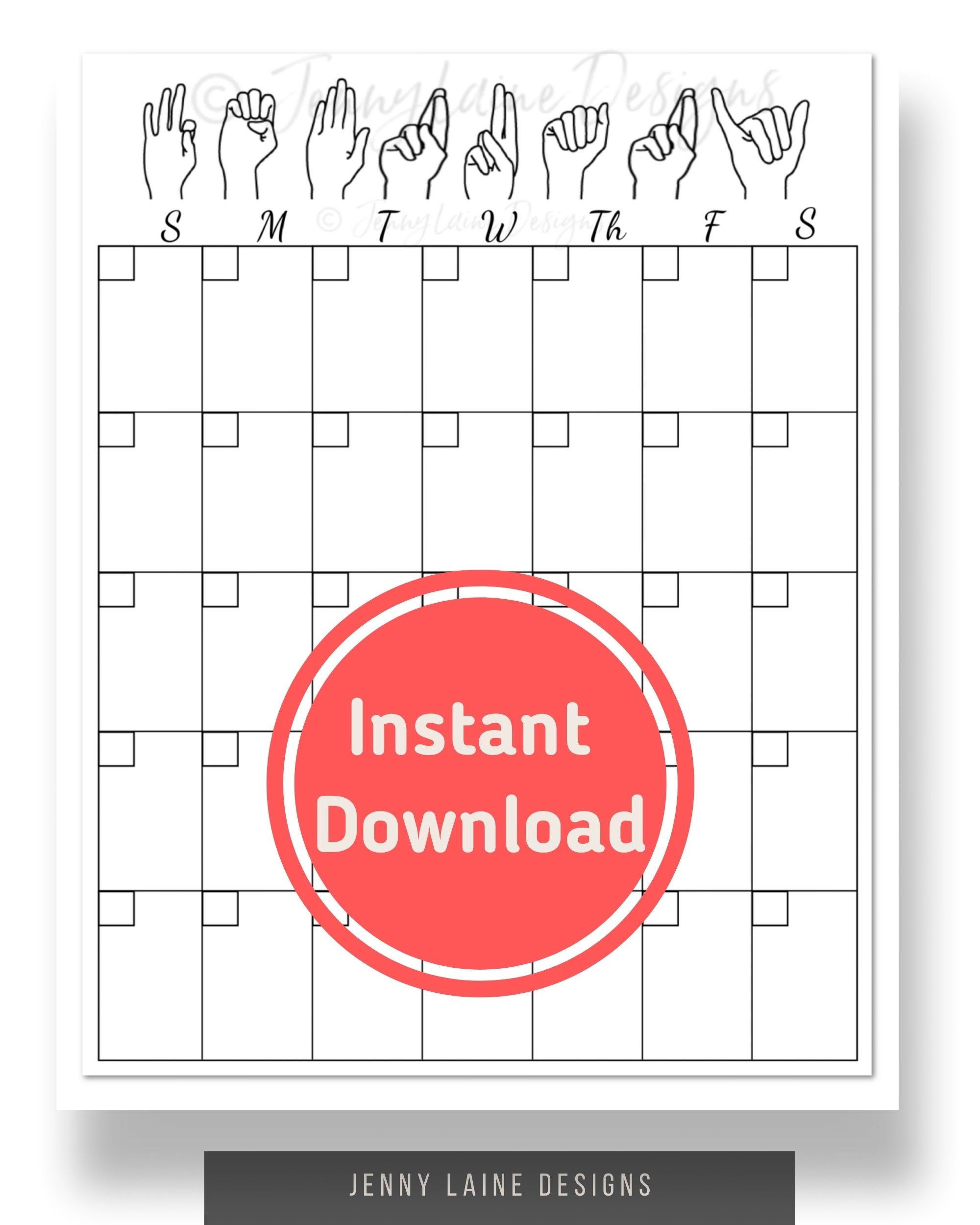 ASL Calendar | Fingerspelled Monthly Calendar | Instant Download ...