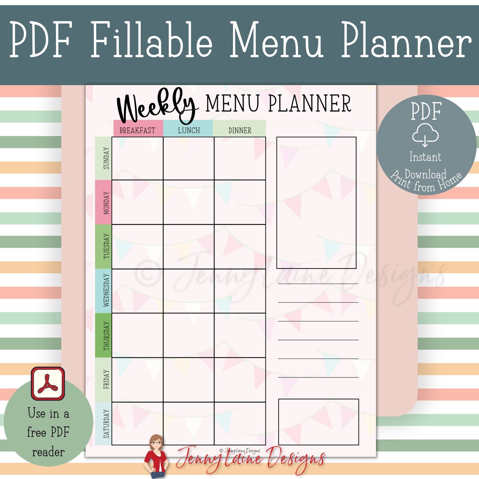 Editable Menu Planner Printable | Menu Planner PDF | Vintage Pennant ...