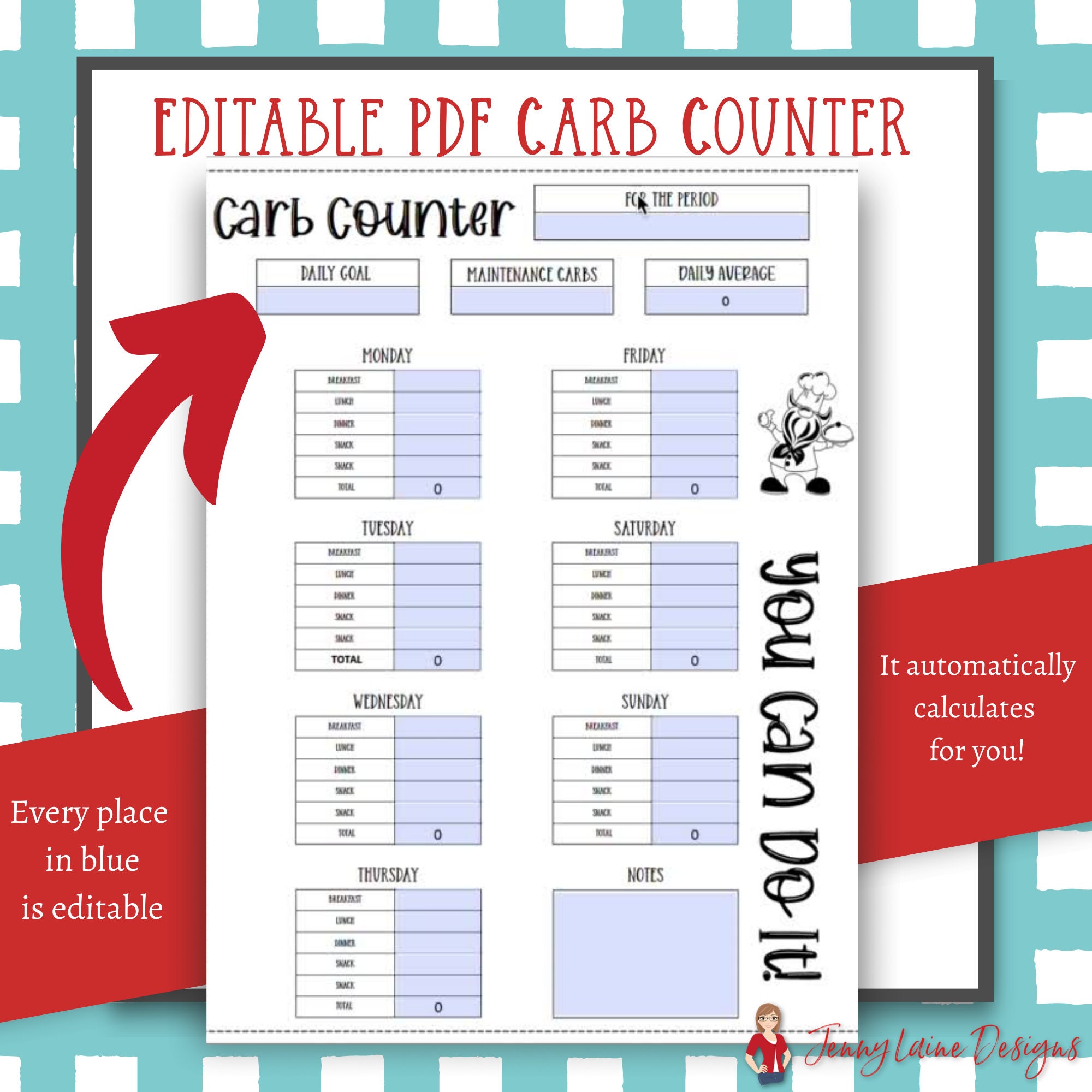 Editable Carb Counter Printable | Instant Calculations Carb Counter in ...