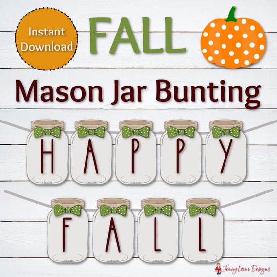 Happy Fall Mason Jar Banner Instant Download fall Pumpkin | Etsy