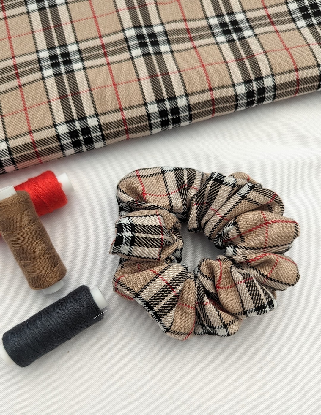 Carmel Tartan Scrunchies, Cream Hair Scrunchie, Beige Check Scrunchie ...