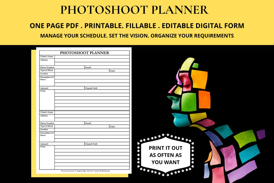 Photoshoot Planner Photoshoot Worksheet Planner for Photography Shoot ...