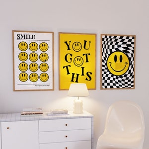 Smiley Face Art Prints Gallery Aesthetic Room Decor Set of 3 ...
