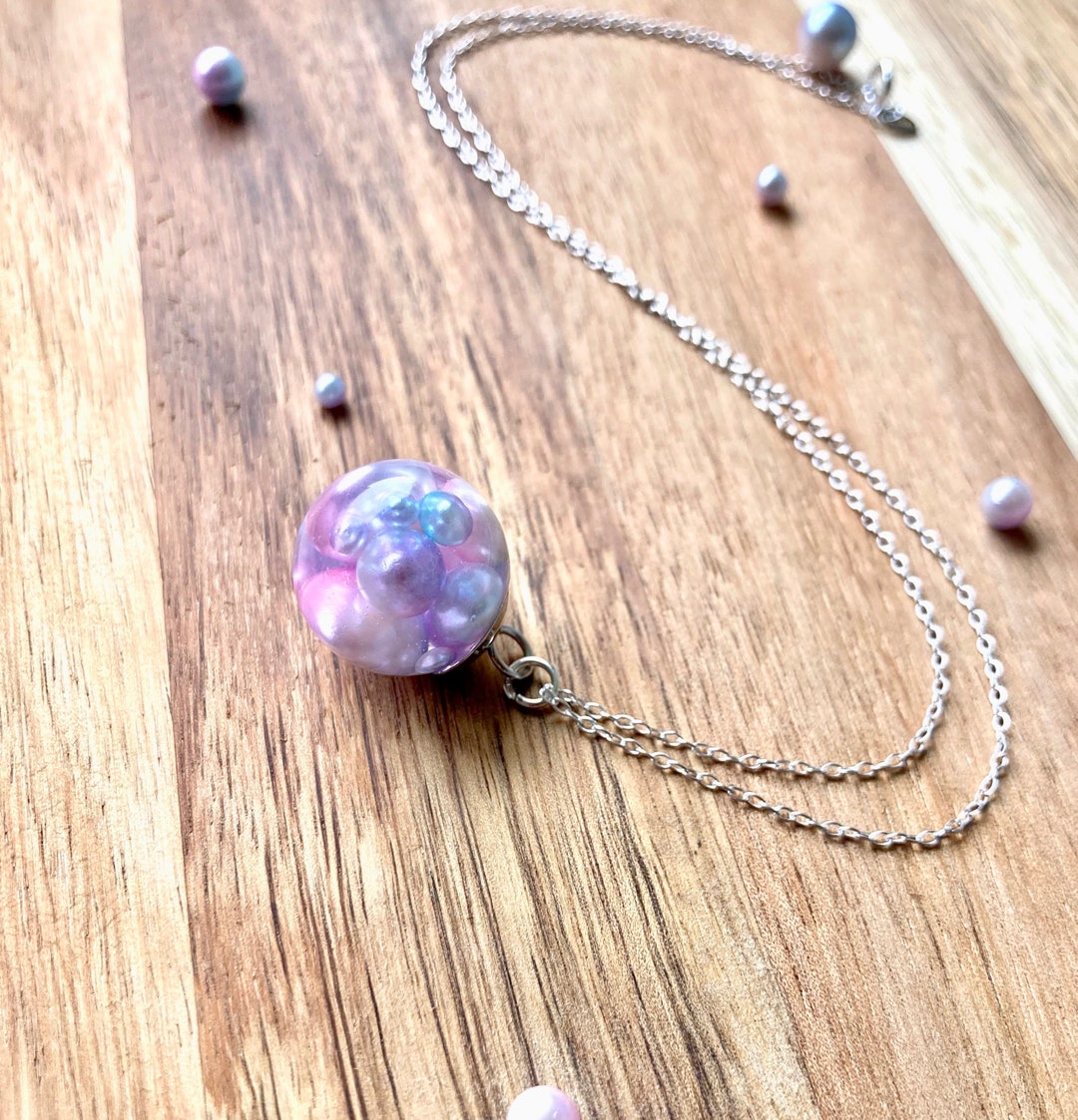 Bubbles and Wishes Pink and Blue Resin Sphere Necklace on A Silver ...