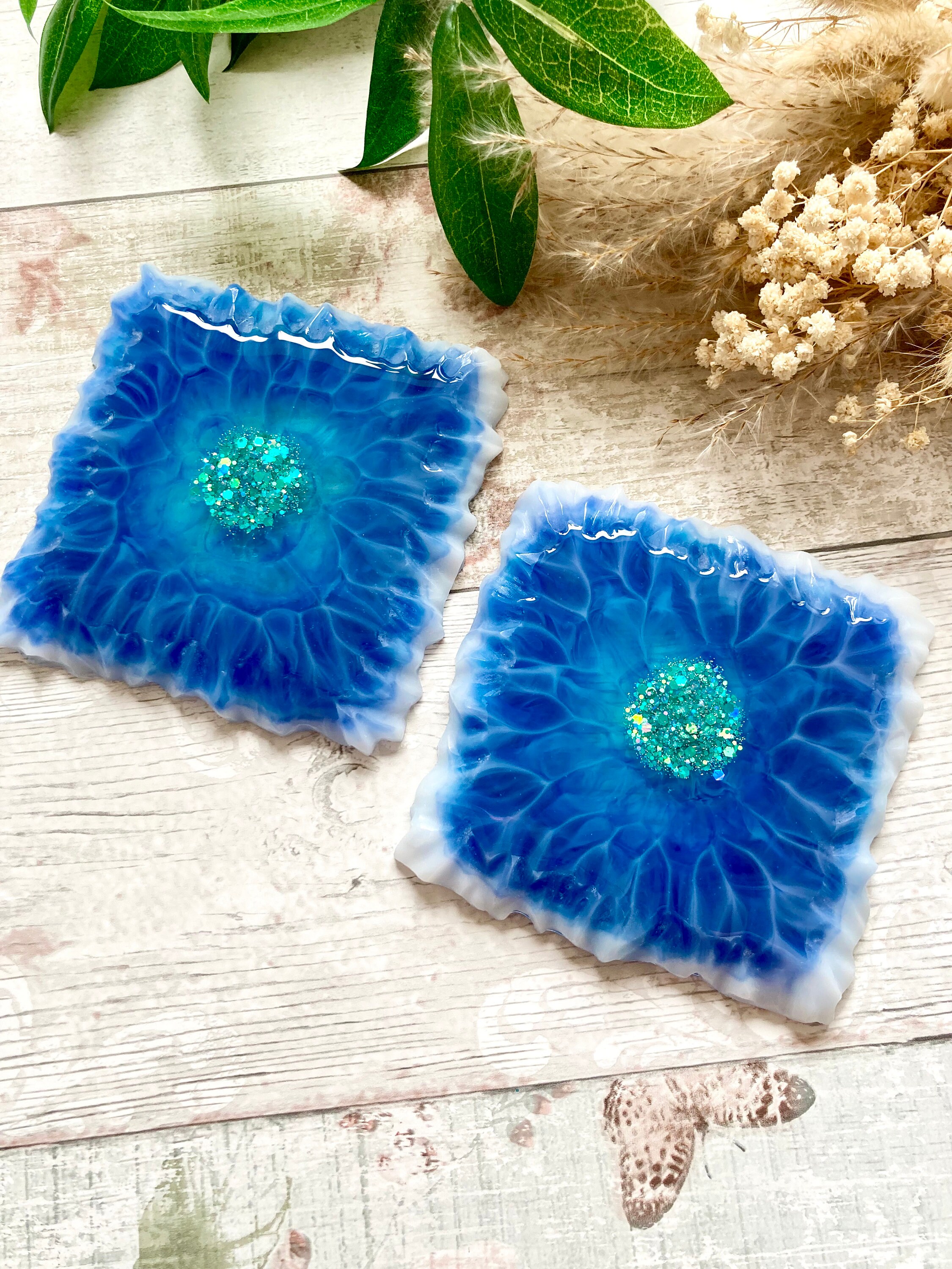 Blue and White Larimar Effect Resin Coasters, Irregular Edge, Coaster ...