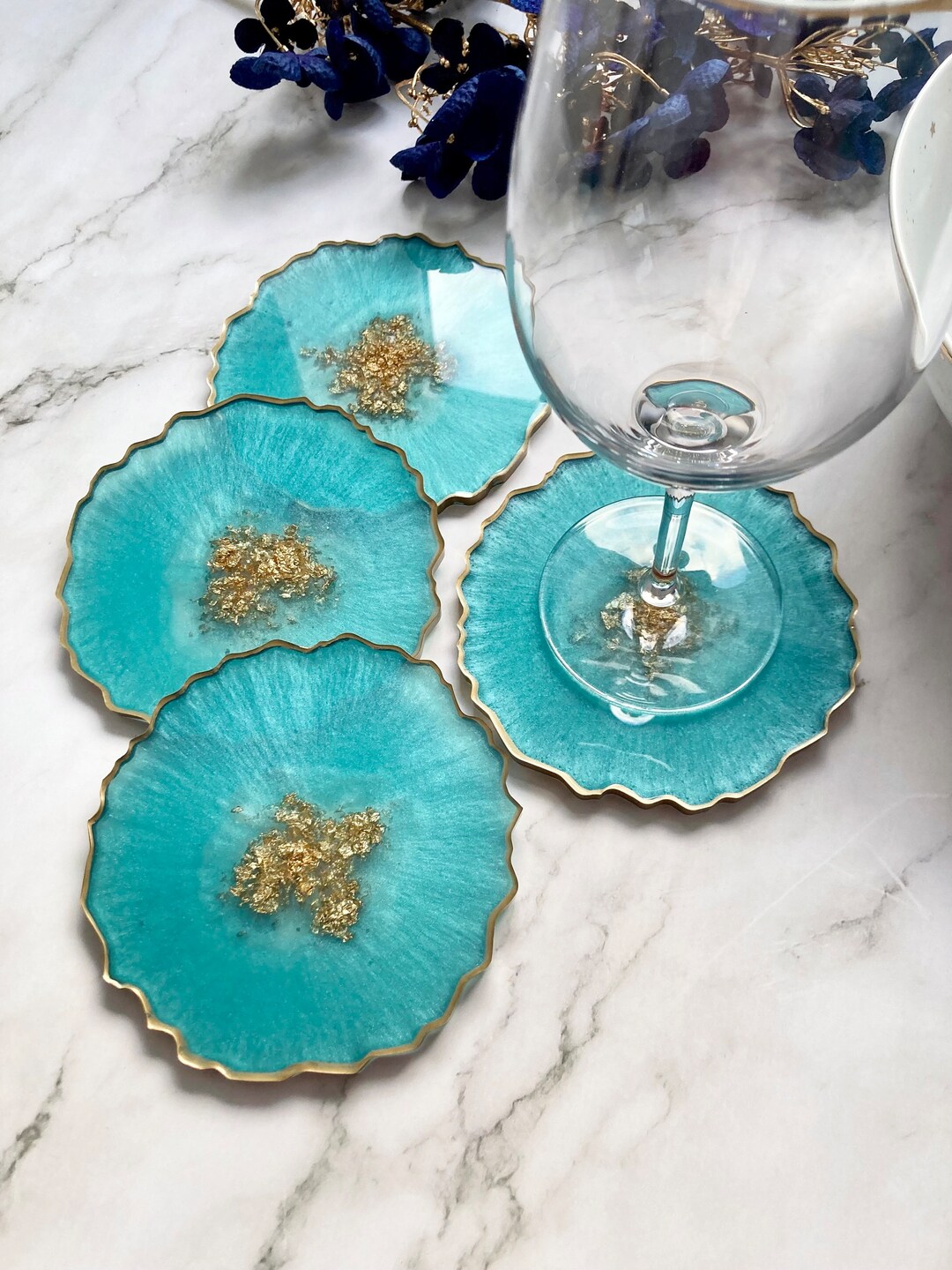 Turquoise and Gold Resin Coasters, Irregular Edge, Coaster Set, Agate ...