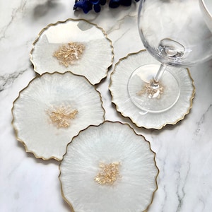 Pearly White and Gold Resin Coasters, Irregular Edge, Coaster Set ...