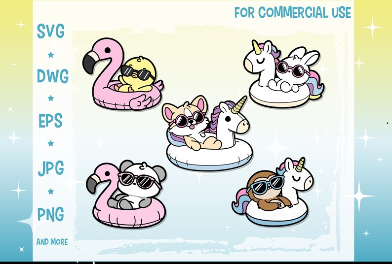 Editable Summer Animal Clipart Bundle, Cute Unicorn & Flamingo Floaties ...