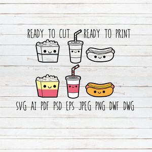 Kawaii Food Svg, Printable Sticker & Clipart Png Dxf Pop Corn, Hot Dog ...