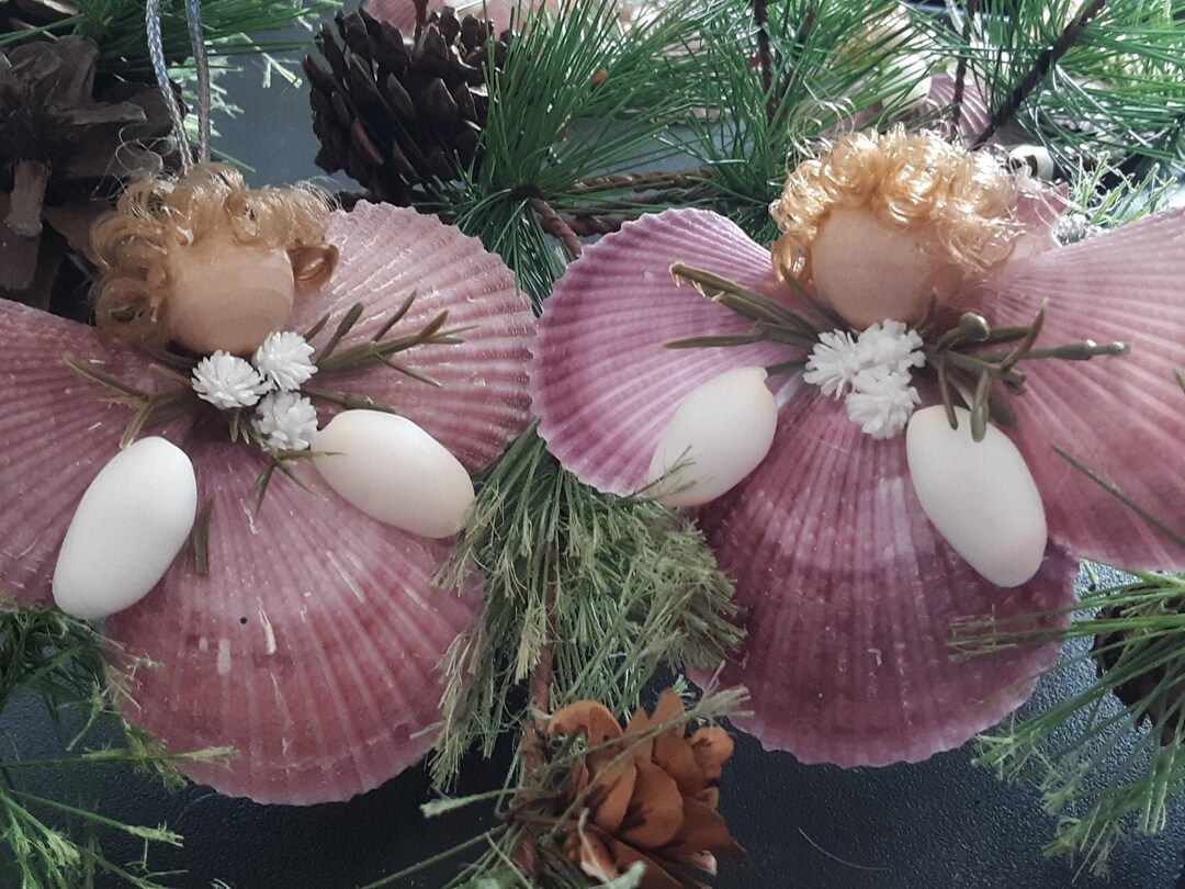 Ornaments, Pair of Angels Created From Delicate Purple Sea Shells ...