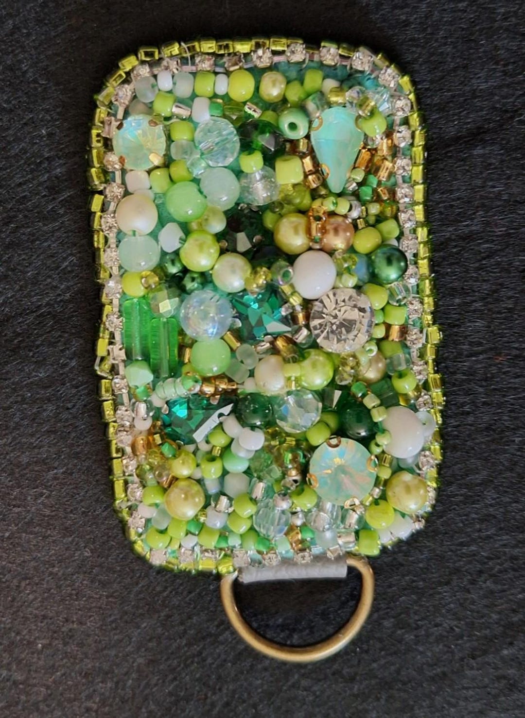 Glamorous Hand Beaded, Hand Sewn Keychain. Lime Green Rectangular ...