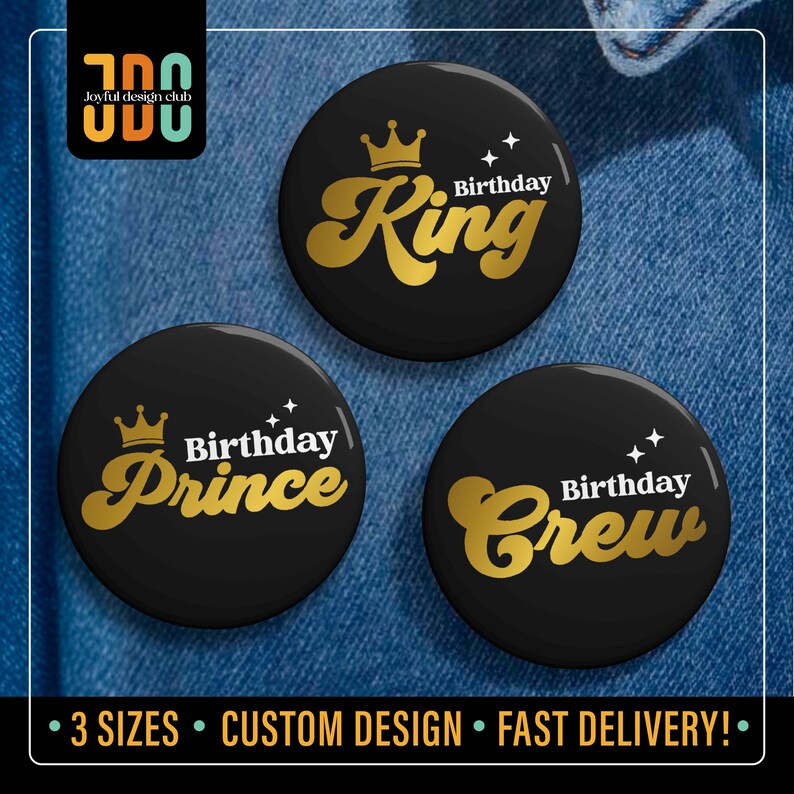 Personalized Birthday Pin: Custom Bday Crew Badge, Black & Gold Party ...