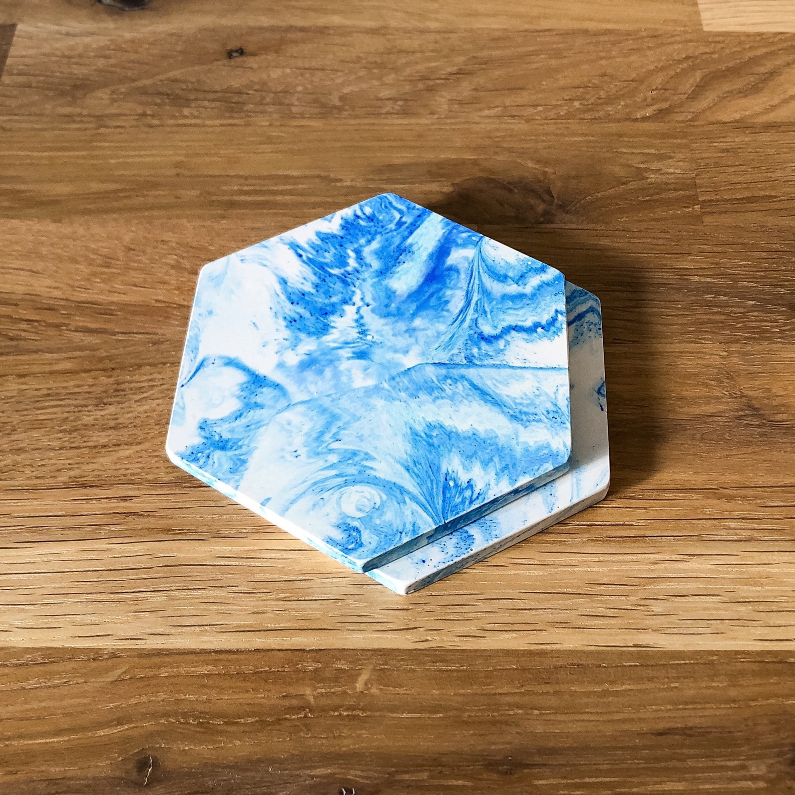 Set of 2 Blue & White Marble Jesmonite Hexagon Coasters | Marbled ...