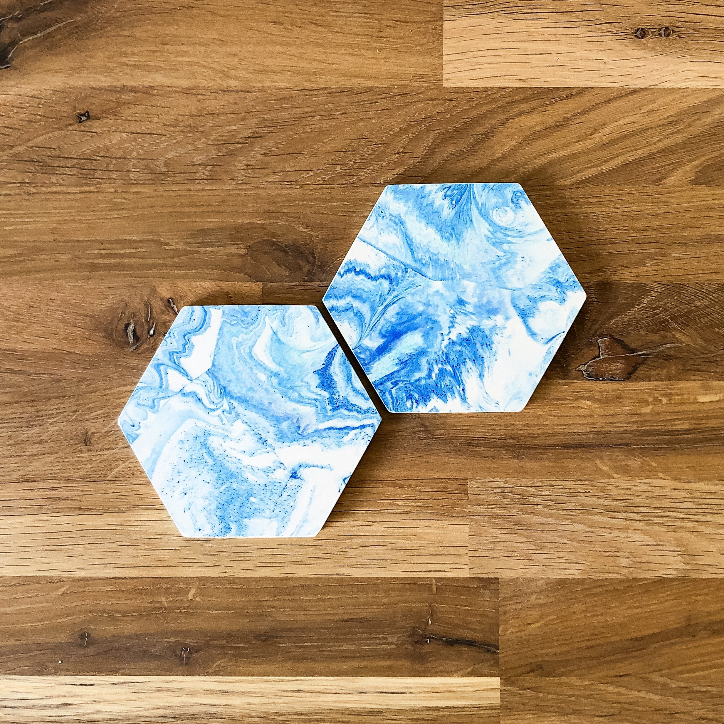 Set of 2 Blue & White Marble Jesmonite Hexagon Coasters | Marbled ...
