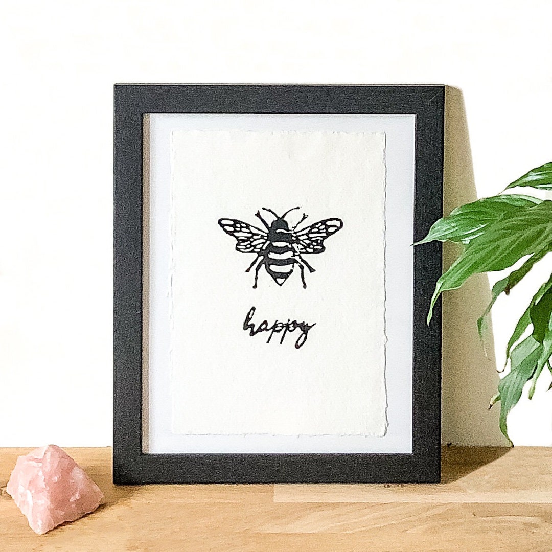 Black Bee Happy Lino Print Bee Print Bee Happy Wall Art Linocut Print ...