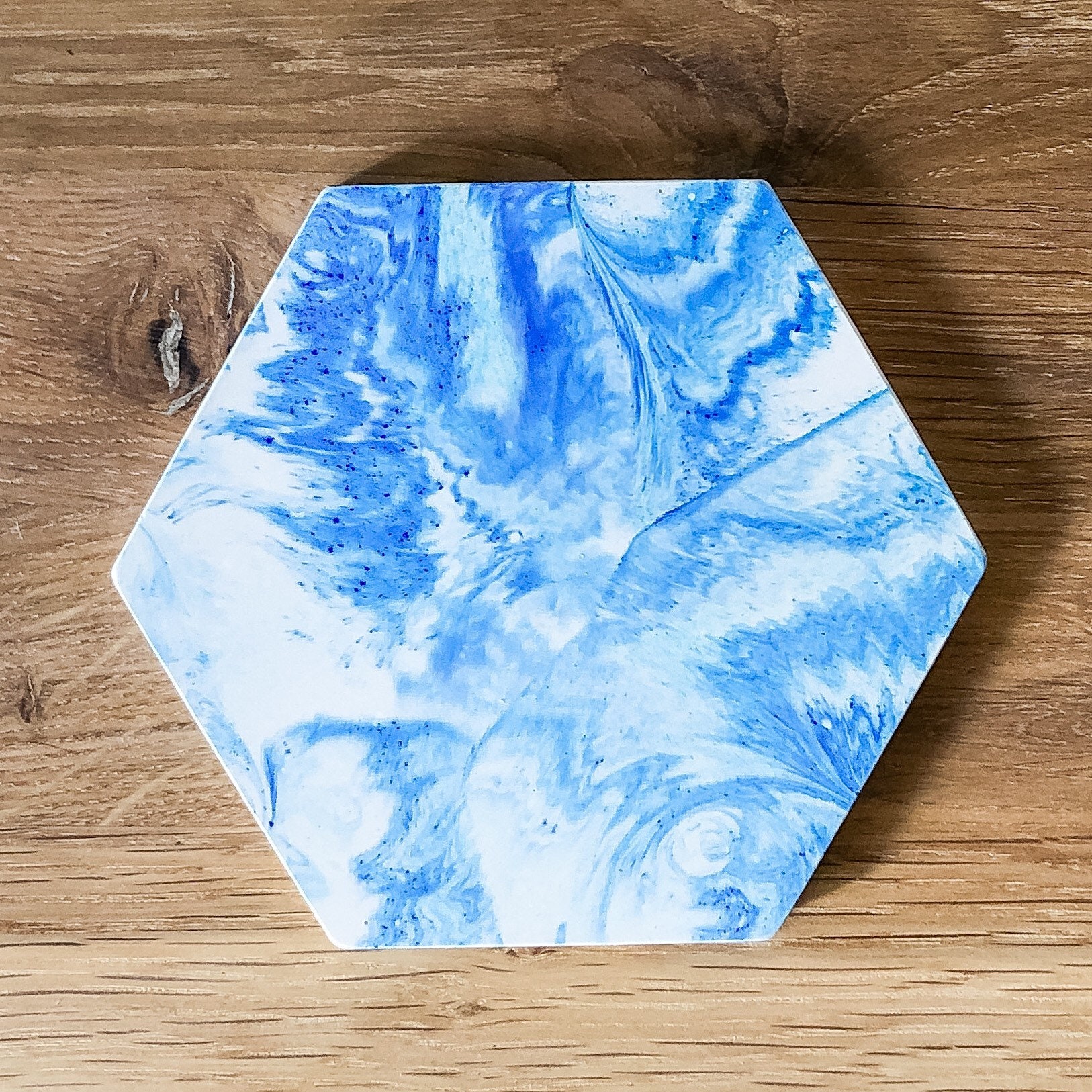 Set of 2 Blue & White Marble Jesmonite Hexagon Coasters | Marbled ...