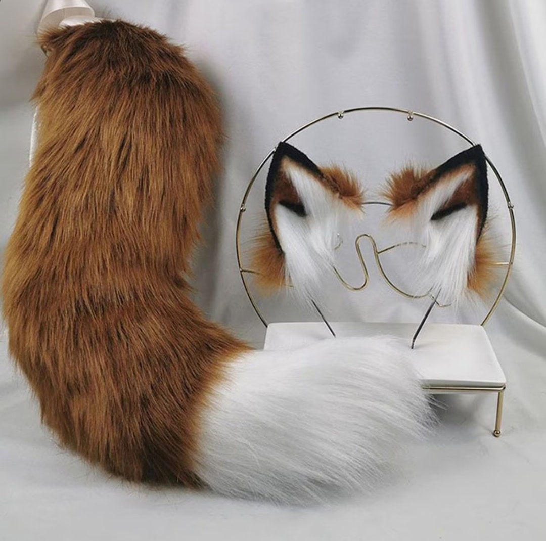 Brown 22-inch Tail Wolf Ears Ccosplay Animal Ears Plush Headband ...
