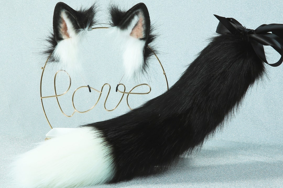 20in Black and White Foxtail-fox Ears-cosplay-plush Headband-simulation Fox Ears-cat Ears ...