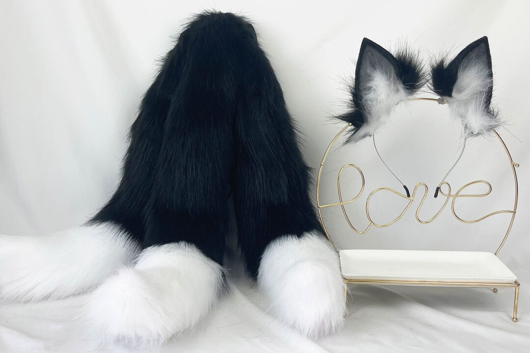 3 Tail Fox Tail and Ears Black and White Fox Tail and Ear Set Wolf Tail ...