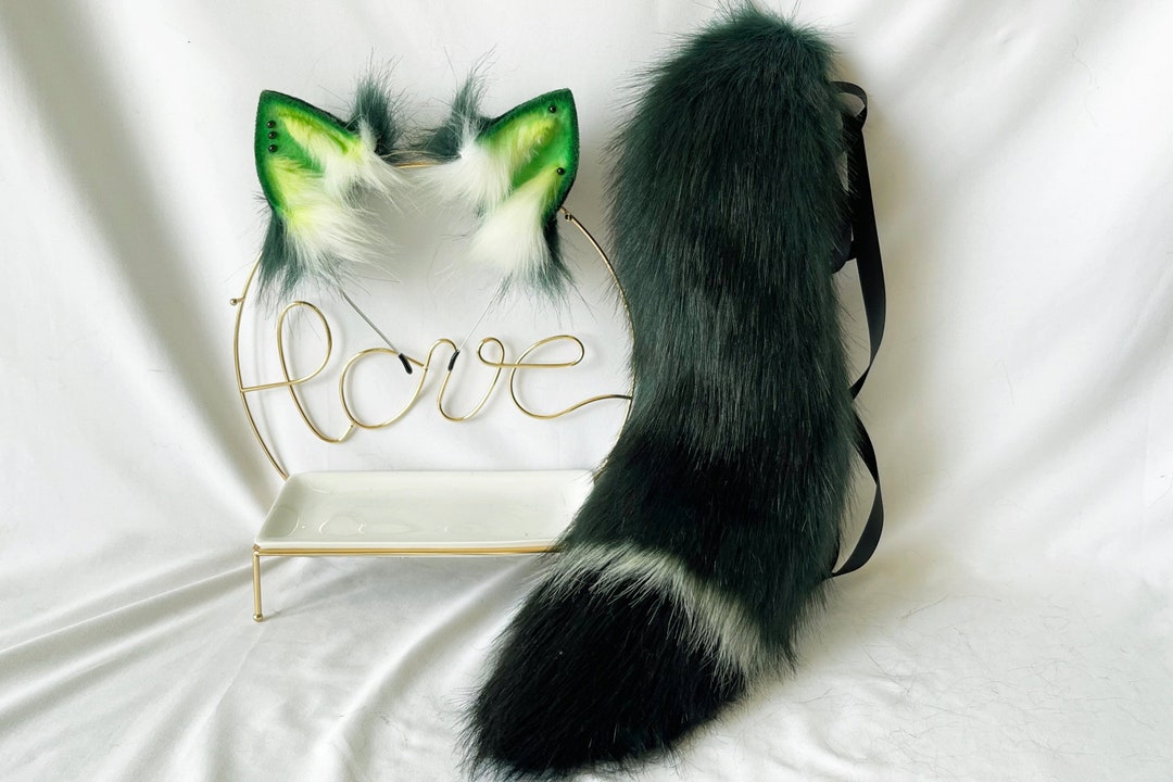 22 Inch Green Wolf Ears Long Tai-l COSPLAY animal Ears simulation Cat ...
