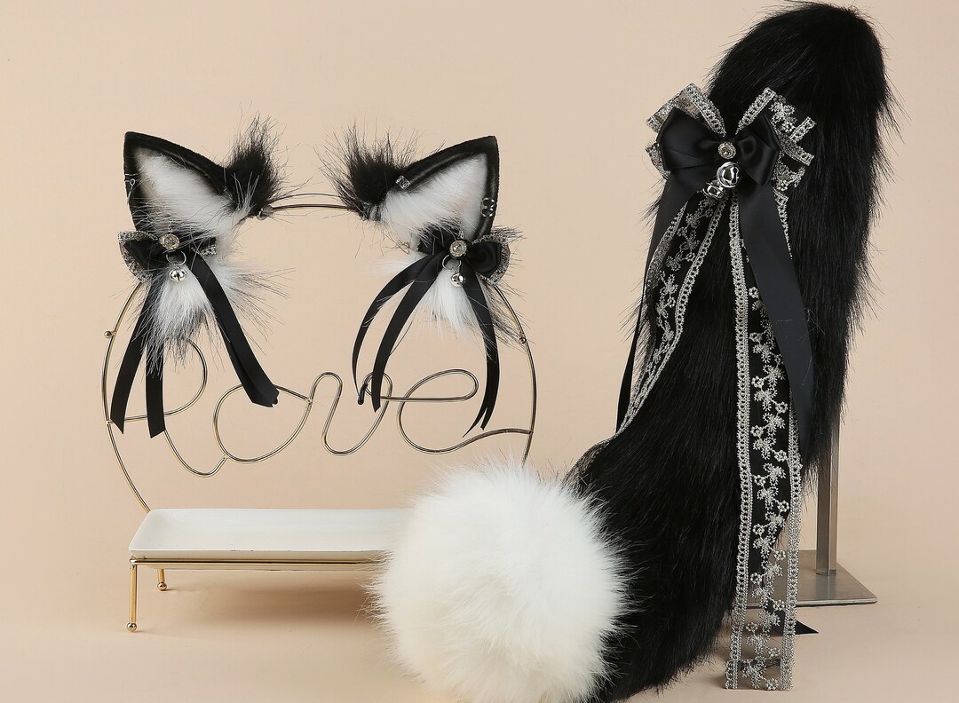 23-inch Black Wolf Ears Tail-cosplay-animal Ears Headband-simulated Fox ...