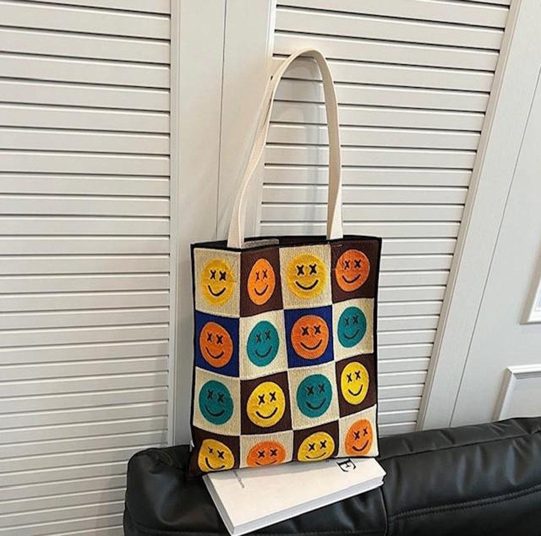 Colorful Smiley Face Tote Bag, Eco Friendly Reusable Market Bag, Funny ...