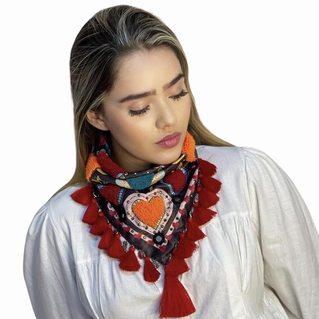 Hand Embroidered Bandana Scarf, Evil Eye Embroidery Shawl, Boho Tassel ...