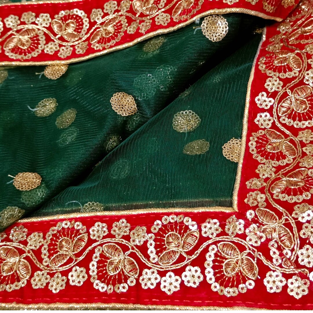 Dark Green Net Dupatta With Red Zari Embroidered Border| Wedding ...