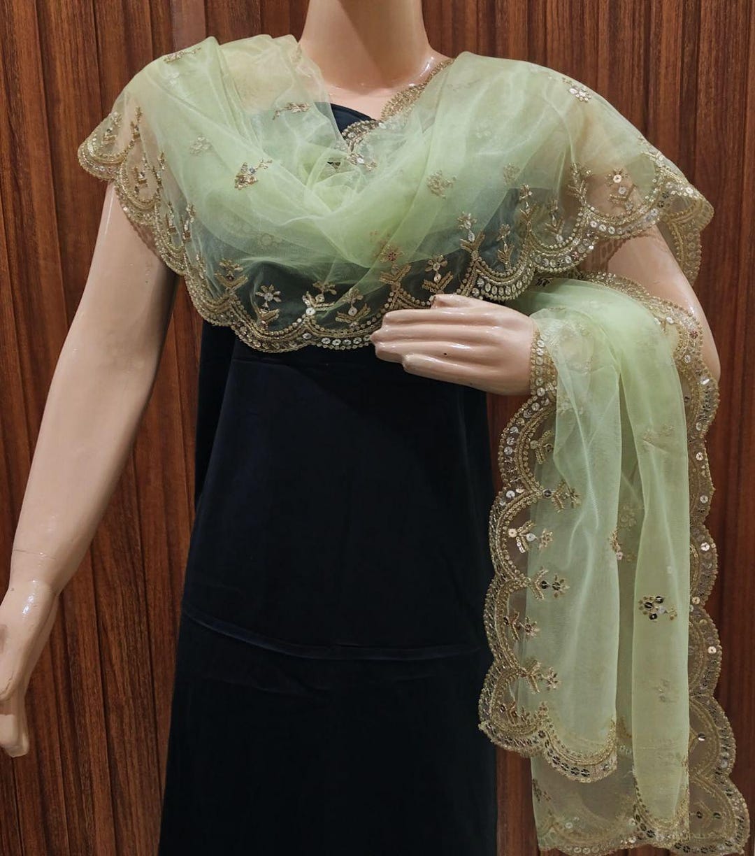 Pastel Green Net Dupatta With Sequin Work | Scalloped Border | Wedding ...