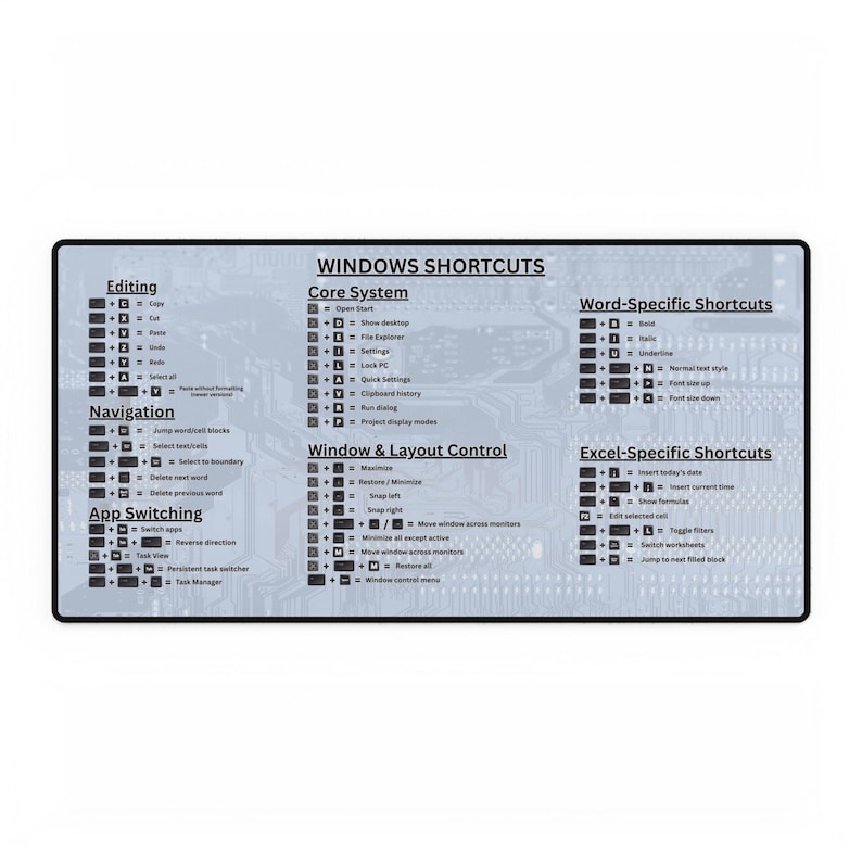 Windows Shortcuts Desk Mat | Keyboard Shortcut Reference Office Deskpad ...