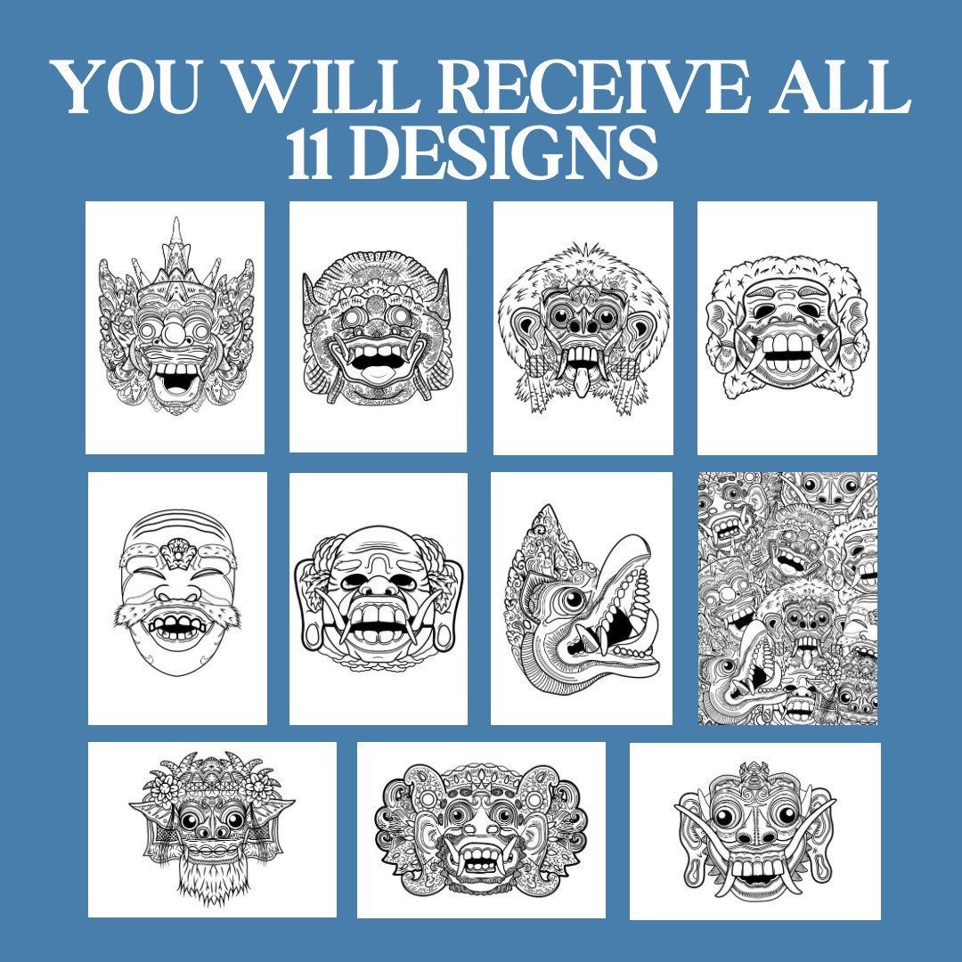 Traditional Balinese Masks Colouring Pages Set 1 Contains 11 Handdrawn ...
