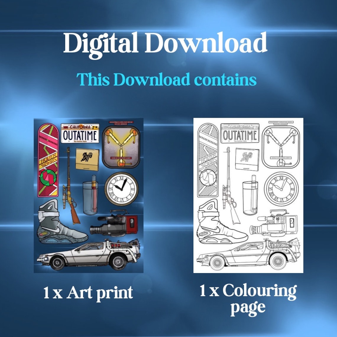 Back to the Future Themed Digital Art Print With Coloring Page Instant ...
