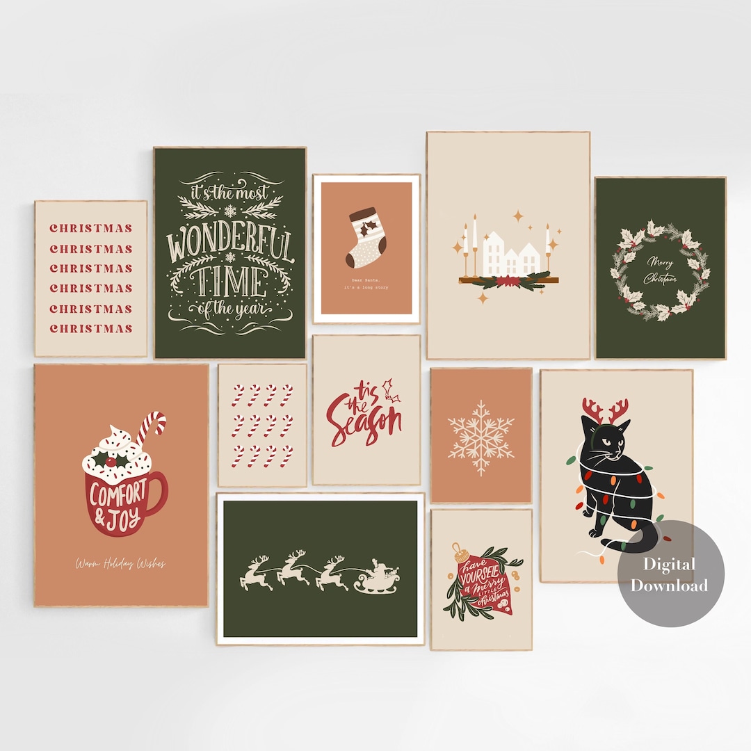 Christmas Printables, Retro Christmas Print Set, Christmas Wall Art ...