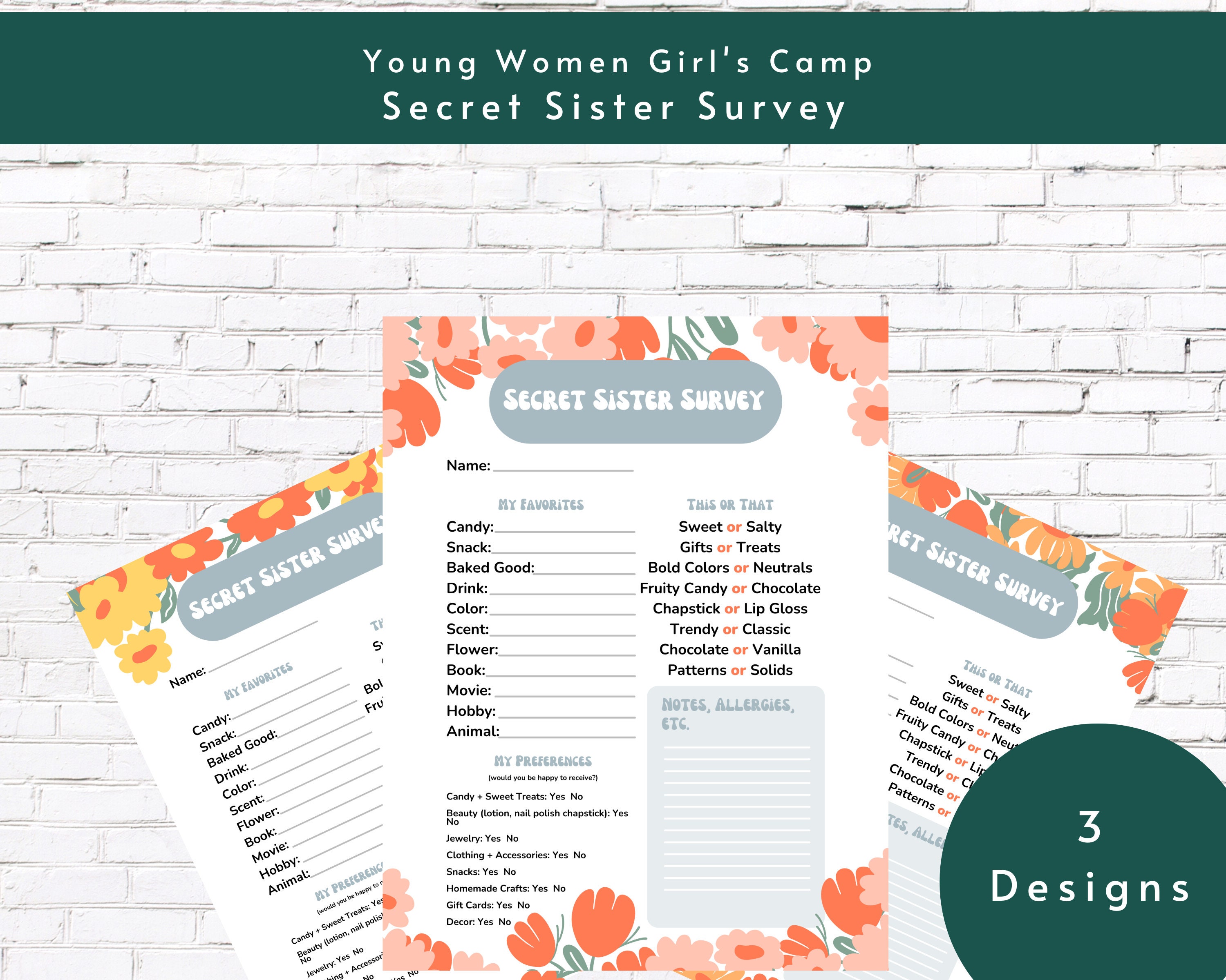 Girls Camp Secret Sister Survey | All About Me Questionnaire | Gift ...