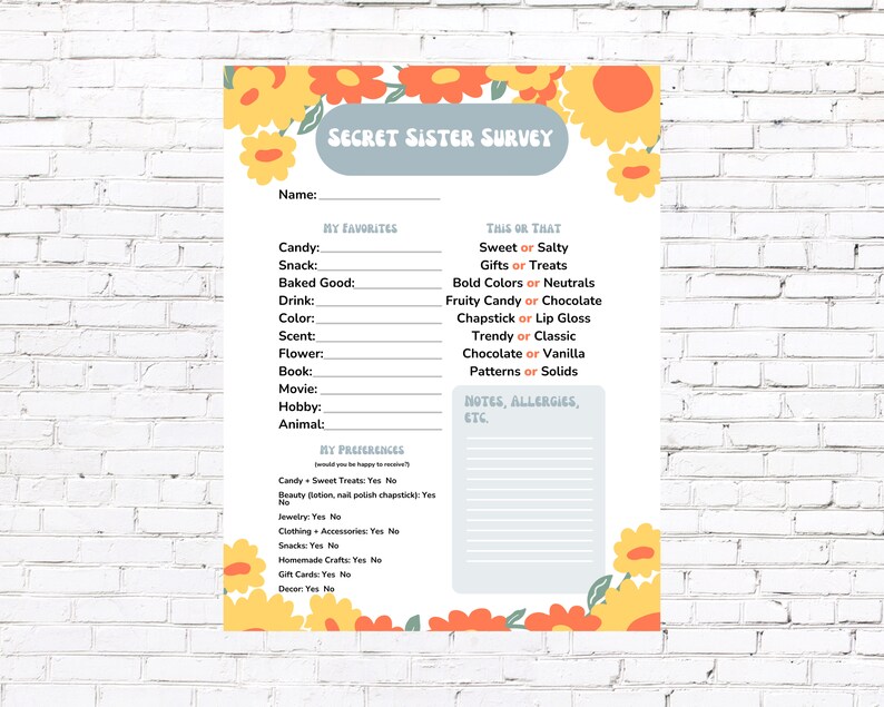 Girls Camp Secret Sister Survey All About Me Questionnaire - Etsy