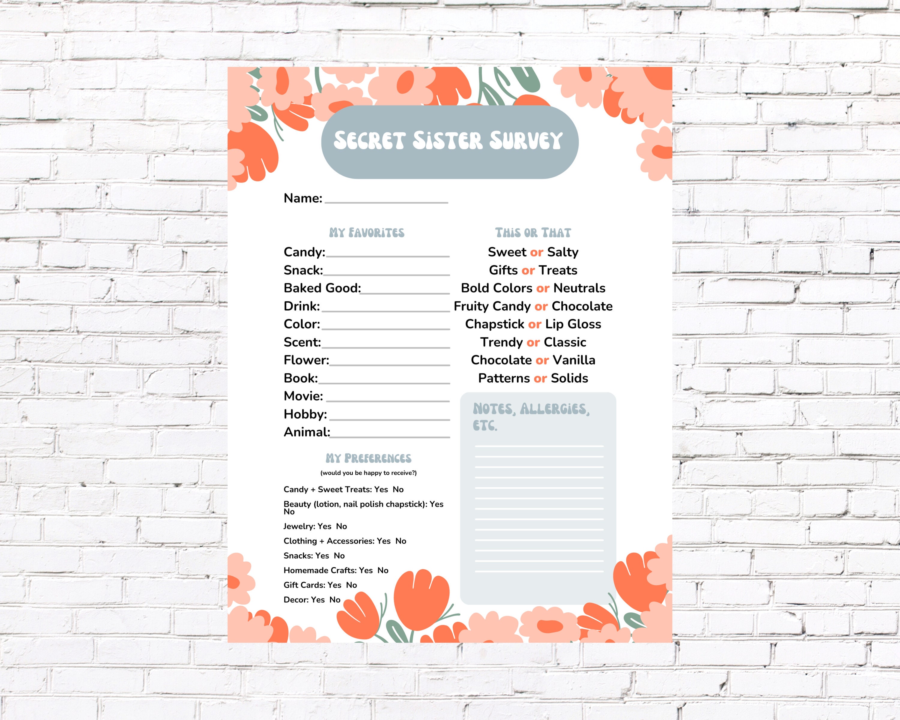 Girls Camp Secret Sister Survey All About Me Questionnaire - Etsy
