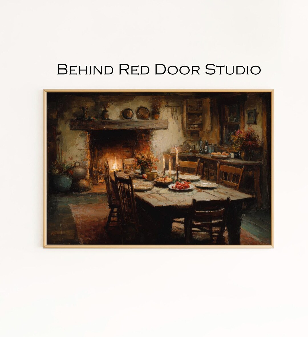 Fall Dining Room With Rustic Wooden Table Oil Painting, Printable Wall ...