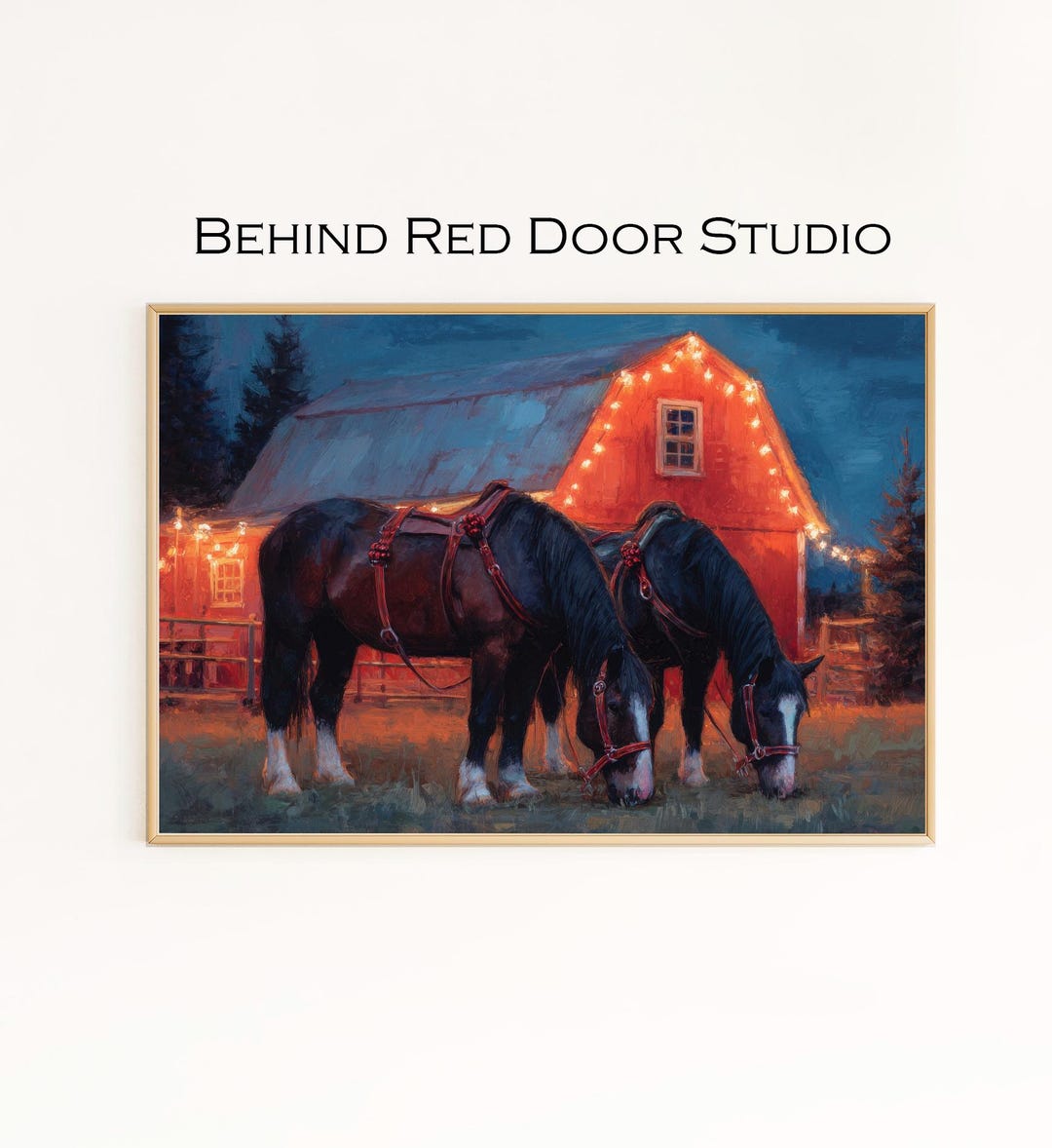 Horses With Red Harness Bells Grazing Beside Barn, Wall Art, Oil ...