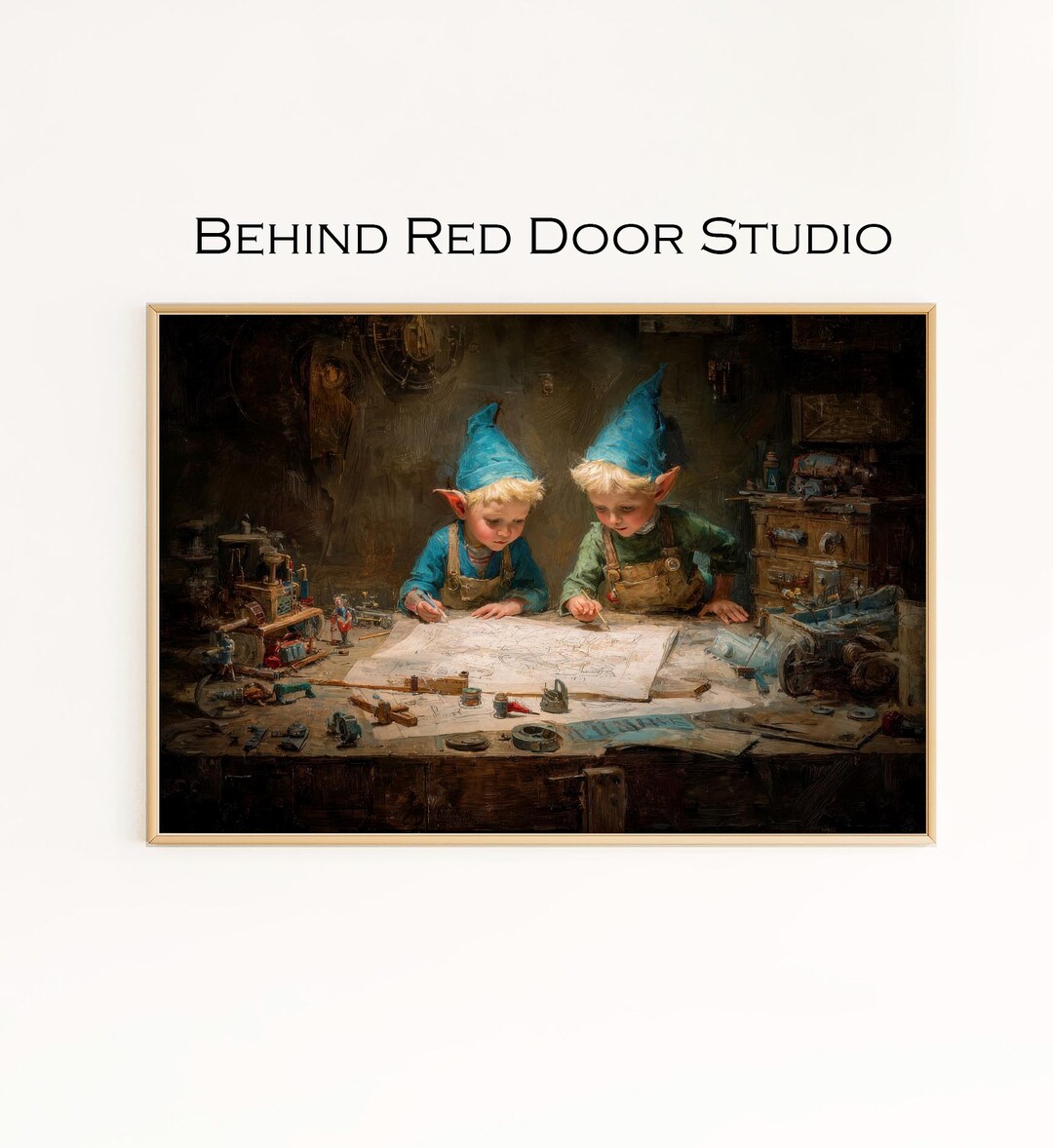 Enchanting North Pole Workbench Oil Painting, Cheerful Christmas Elf ...