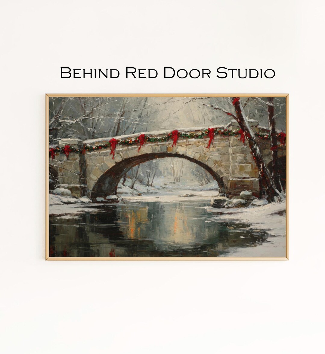 Old Stone Bridge With Red Ribbons and Garland, Wall Art, Watercolor ...